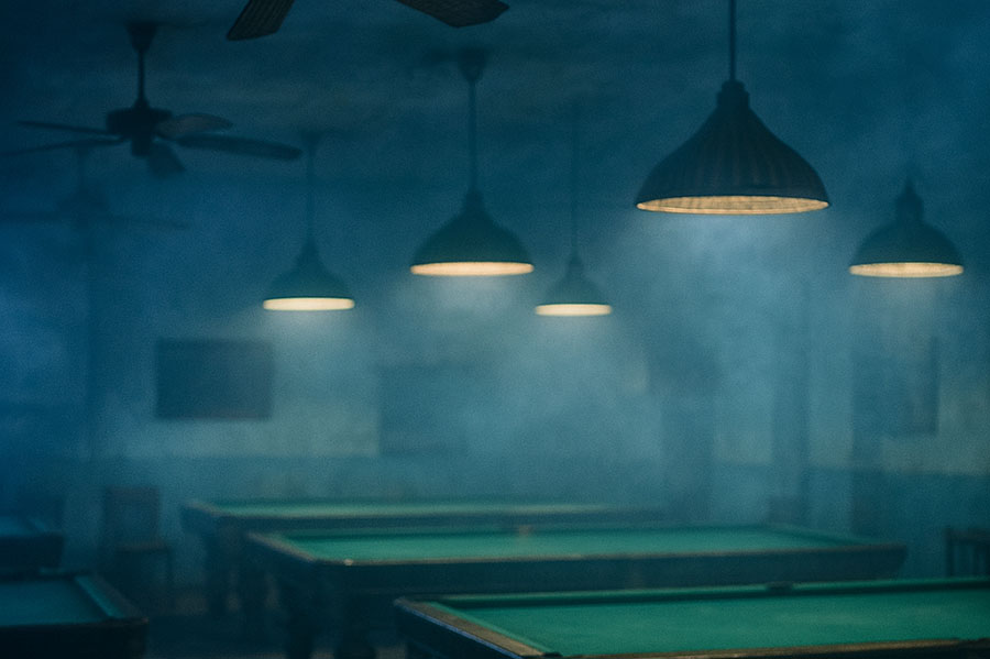 Photorealistic but slightly blurry image of a billiard hall with a haze ...